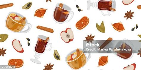 벡터 완벽 한 패턴 와 겨울 음료 와 멀드 와인 따뜻한 차 겨울 칵테일의 이미지 새해와 크리스마스를 위한 벽지 그리고 포장을 위한 그림 0명에 대한 스톡 벡터 아트 및 기타