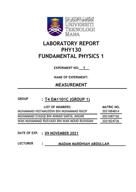 LAB Report Experiment PHY Group LABORATORY REPORT PHY FUNDAMENTAL PHYSICS EXPERIMENT