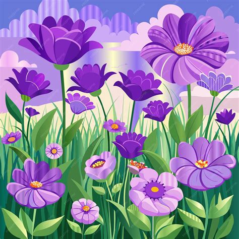 Una Pintura De Flores Moradas Con Flores Moradas Y Amarillas Vector