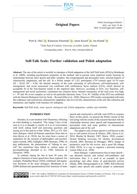 Pdf Self Talk Scale Further Validation And Polish Adaptation