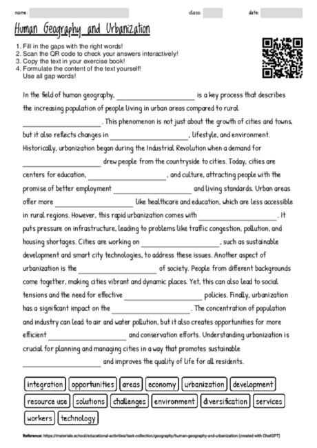 Worksheet With The Topic Human Geography And Urbanization Materials