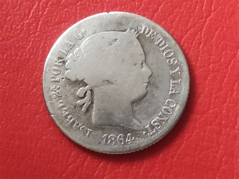 Rare Keydate 1864 20 Centimos Isabel Spanish Philippines Silver Coin