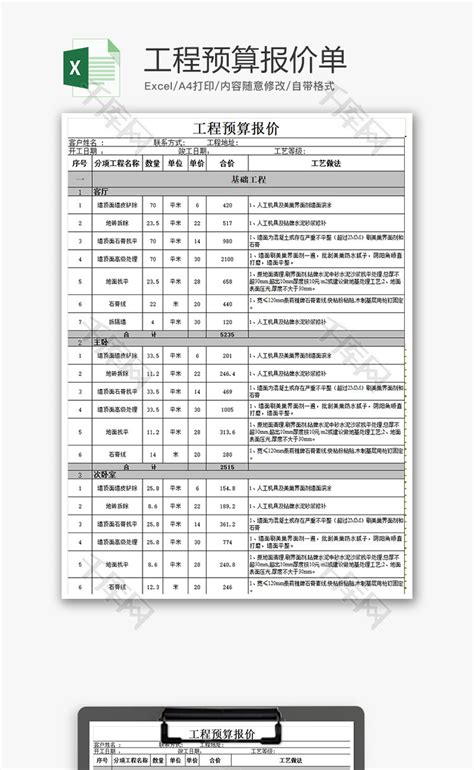 采购工程预算报价单excel模板 免费excel表格模板下载 千库网