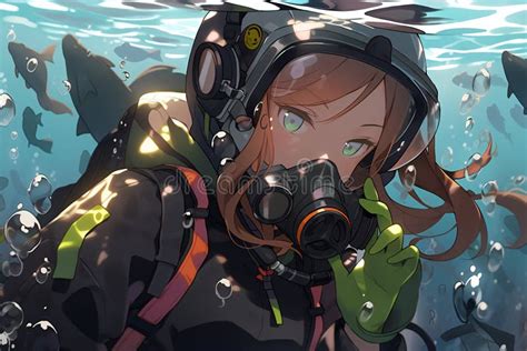 Scuba Diving Anime Girl In A Suit With A Mask On Her Head Stock