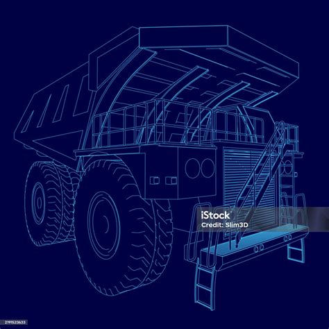 큰 오픈 백을 가진 파란색 덤프 트럭 트럭은 무거운 짐을 운반하도록 설계되었으며 건설 및 광업에서 일반적으로 사용됩니다 와이어 프레임 모델에 대한 스톡 벡터 아트 및 기타