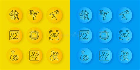 Set Line Test Tube Data Visualisation Processor Cpu Eye Scan Microorganisms Under Magnifier