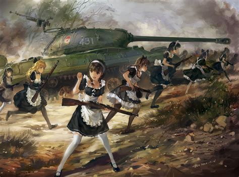 Fantasy Art Anime Anime Girls War Soldier Tank Maid Maid Outfit Mythology French Maid
