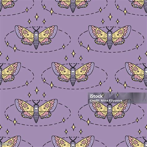 신비한 호크 나방 죽음 머리 나비 완벽 한 패턴입니다 티 종이 직물 및 직물을 위한 완벽한 인쇄 손으로 그린 벡터 그림입니다 T 셔츠에 대한 스톡 벡터 아트 및 기타 이미지