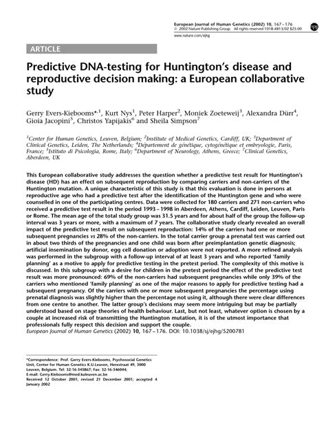 Pdf Predictive Dna Testing For Huntingtons Disease And Reproductive