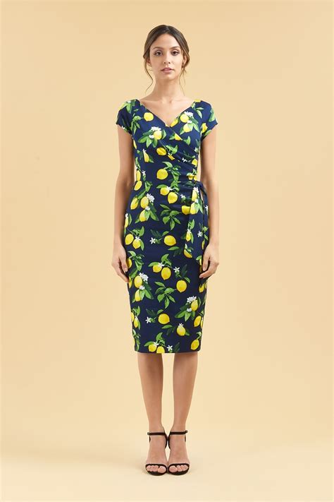 The Pretty Dress Company Hourglass Lemon Print Faux Wrap Pencil Dress
