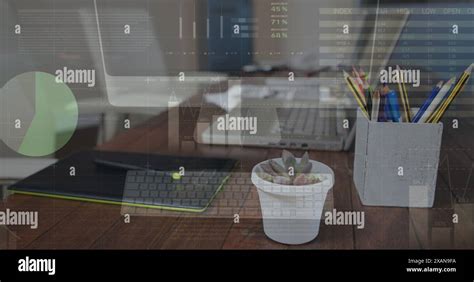 Image Of Statistical Data Processing Against Equipment On Office Desk