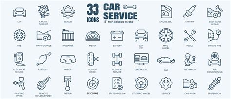편집 가능한 획과 흰색 배경으로 설정된 자동차 서비스 아이콘입니다 자동 서비스 자동차 수리 아이콘 세트 자동차 서비스 및 차고 개체 그룹에 대한 스톡 벡터 아트 및 기타