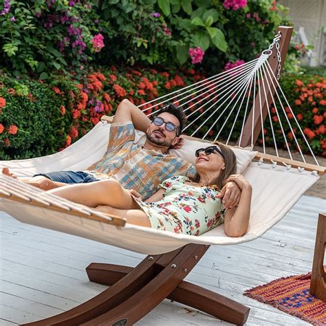 Aura Outdoor Double Quilted Fabric Swing Hammock With Pillow Beige