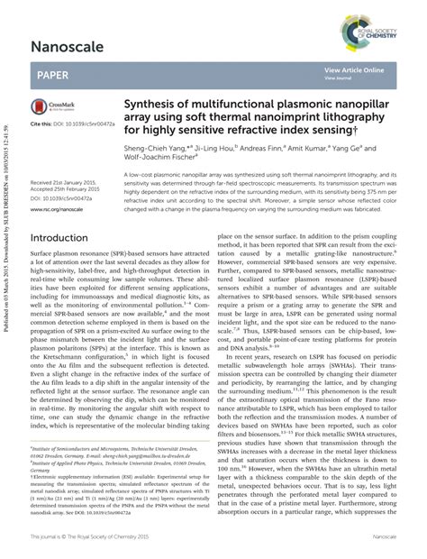 Pdf Synthesis Of Multifunctional Plasmonic Nanopillar Array Using