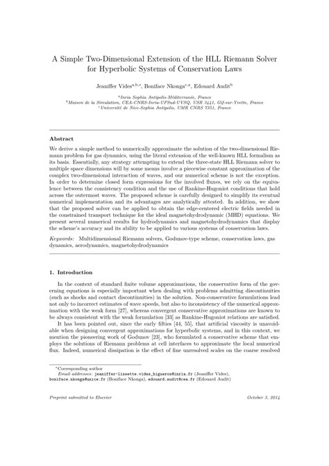 Pdf A Simple Two Dimensional Extension Of The Hll Riemann Solver For