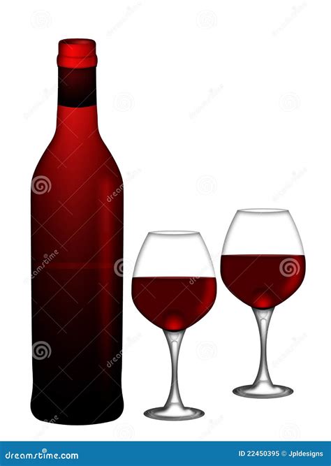 Red Wine Bottle And Two Glasses White Background Stock Illustration