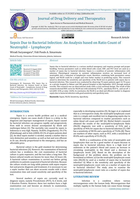 Pdf Sepsis Due To Bacterial Infection An Analysis Based On Ratio Count Of Neutrophil Lymphocyte