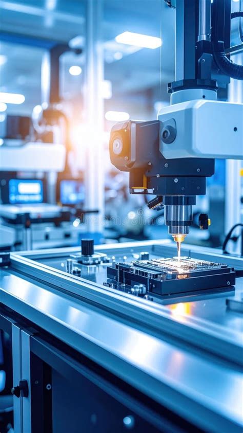 Advanced Robotic Arm Assembling Electronic Circuit Board In High Tech Factory Stock Image