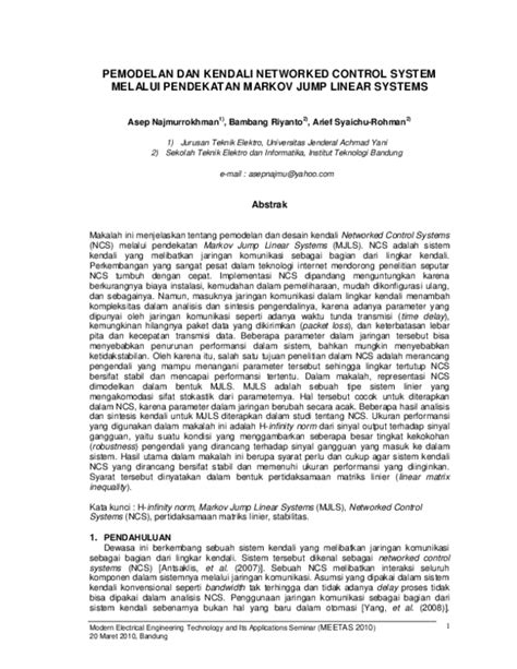 Pdf Pemodelan Dan Kendali Networked Control Systems