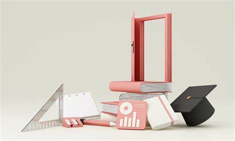 계단 책과 문 은 대학원 모자 오픈 북 풍선 통치자 통계 그래프 연필과 흰색 배경 3d 렌더링에 돋보기로 둘러싸여 열린 학습 개념 3차원 형태에 대한 스톡 사진 및 기타