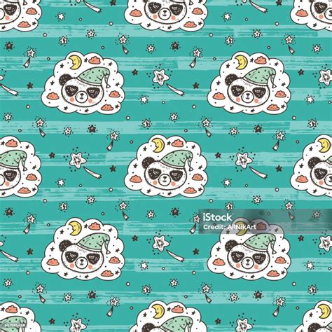귀여운 자 아기 팬더 벡터 원활한 패턴입니다 팬더와 끝 없는 배경 손으로 그린 낙서 재미 흑백 곰 구름 별 아이 들을 위한 배경