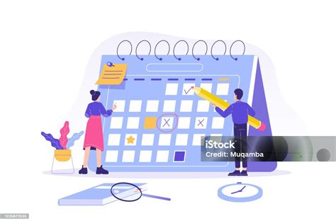 일정 및 일정 개념을 계획하는 사람들 기업가 정신 마케팅 및 일정 계획 비즈니스 미팅 및 이벤트 조직 격리된 현대 벡터 일러스트레이션 달력에 대한 스톡 벡터 아트 및 기타