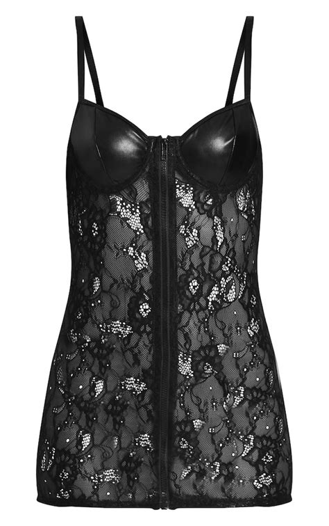 Black Lace Bust Detail Slip Dress Lingerie And Nightwear
