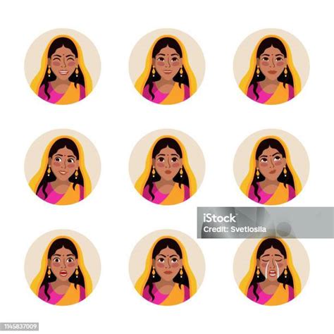 평면 그림 인도 여자의 벡터 집합입니다 여성 얼굴 표정 여자 얼굴 아이콘입니다 다양 한 감정 노란색 및 분홍색 사리에 초상화 갈색 머리 젊은 여자의 다채로운 세트입니다 여자