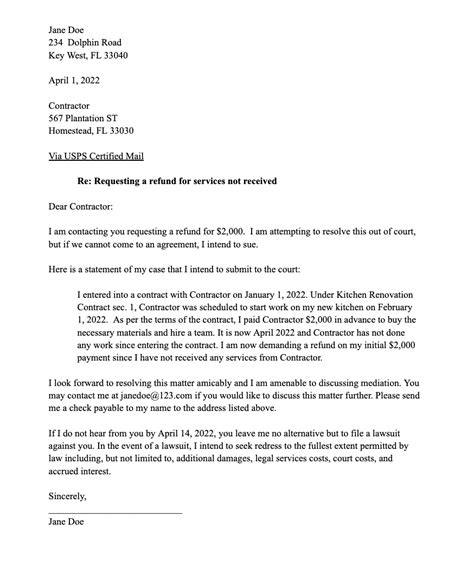 How To Write A Letter Requesting A Refund From A Contractor Free Template