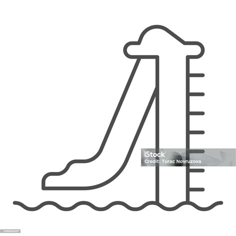 물 얇은 라인 아이콘으로 발사 사다리와 슬라이드 워터 파크 개념 흰색 배경에 워터 슬라이드 기호 윤곽 스타일의 사다리 아이콘과 물 매력 벡터 그래픽 건설 산업에 대한 스톡