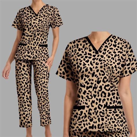 Leopard Print Scrubs Sets Tops Pants