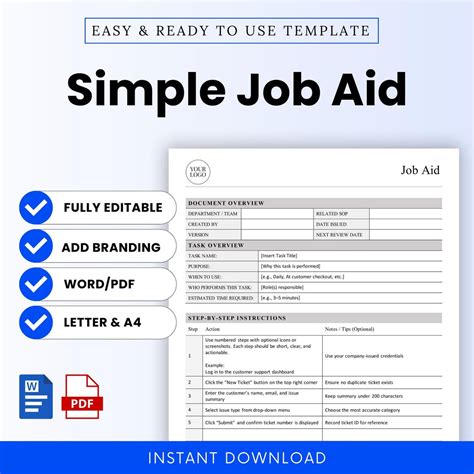 Simple Job Aid Template Word And Pdf A4 Us Letter Etsy