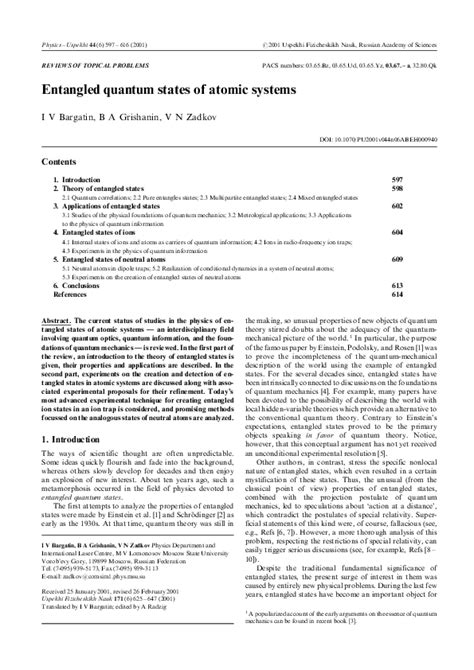 Pdf Entangled Quantum States Of Atomic Systems Victor Zadkov