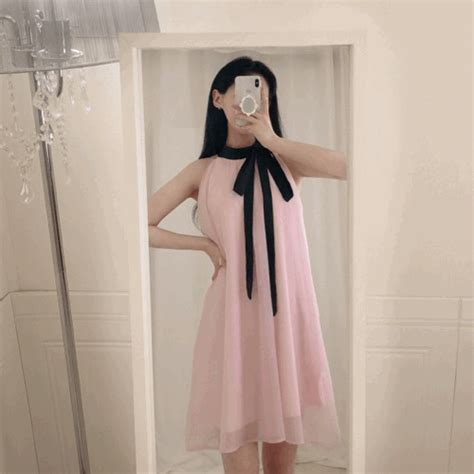 [공주템🎀 고퀄] 블러쉬 홀터넥 타이 스카프 배색 쉬폰 미니원피스 휴양지룩 파티룩 데이트룩 셀프웨딩 브라이덜샤워 웨딩촬영 쉬폰