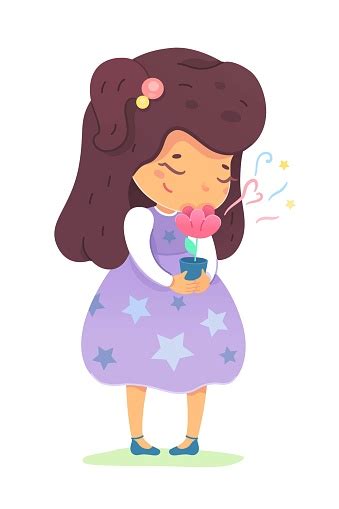 손에 꽃을 스니핑 소녀 후각 벡터 일러스트 작은 행복한 아이는 자연에 서서 식물로 냄비를 들고 어린 시절의 즐거운 교육 귀여운