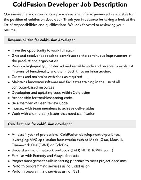 Coldfusion Developer Job Description Velvet Jobs