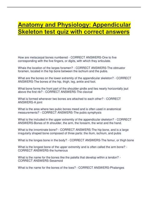 Anatomy And Physiology Appendicular Skeleton Test Quiz With Correct Answers Appendicular