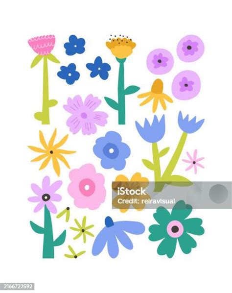 귀여운 손으로 그린 꽃 세트 만화 평면 벡터 일러스트 레이 션은 흰색 배경에 고립되어 있습니다 0명에 대한 스톡 벡터 아트 및 기타 이미지 Istock
