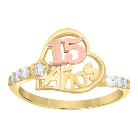 10kt 10k Gold Womens Tri Color Cz 15 Anos Heart Flower Quinceanera Band