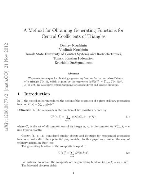 Pdf A Method For Obtaining Generating Function For Central