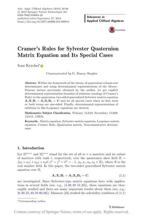 Cramers Rules For Sylvester Quaternion Matrix Equation And Its Special Cases Request Pdf