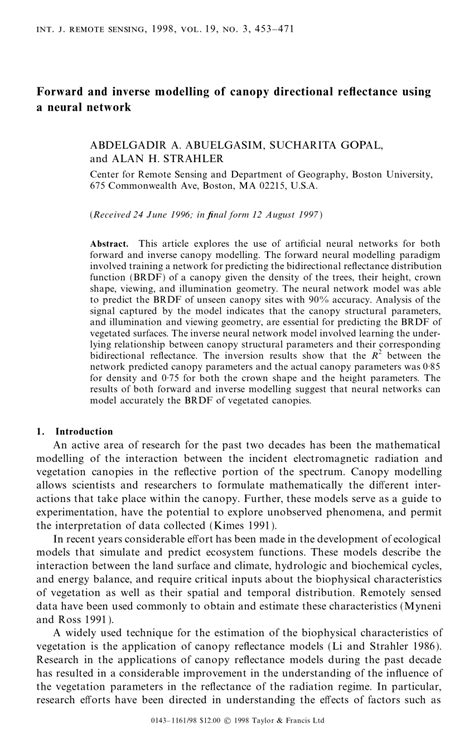Pdf Forward And Inverse Modelling Of Canopy Directional Reflectance Using A Neural Network