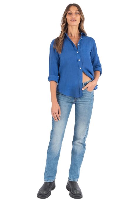 Iris Royal Blue Classic Fit Linen Shirt Camixa