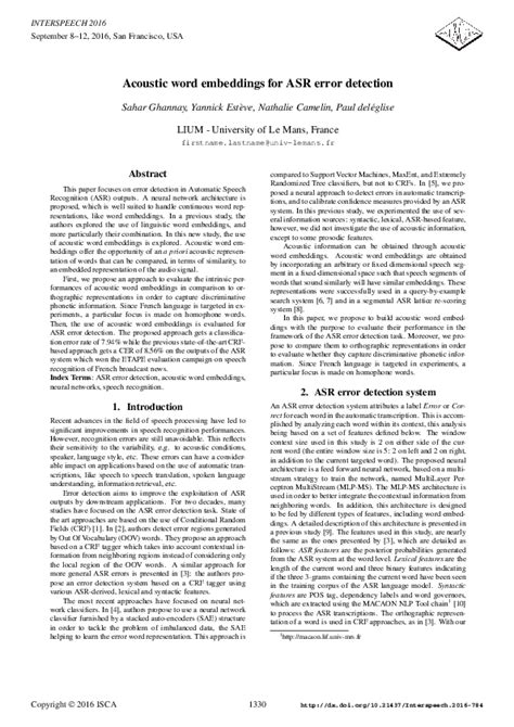 Pdf Acoustic Word Embeddings For Asr Error Detection