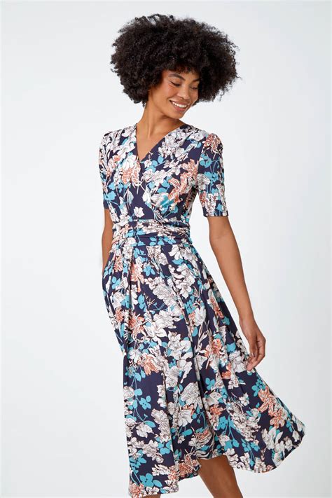 Teal Floral Print Ruched Waist Wrap Dress Roman Uk