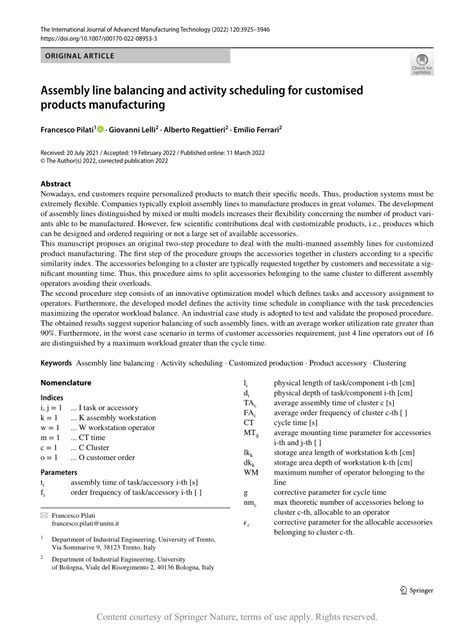 Pdf Assembly Line Balancing And Activity Scheduling For Customised