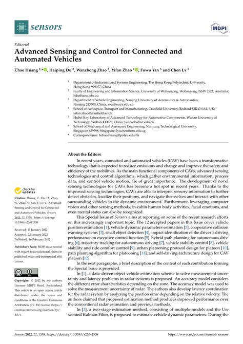 Pdf Advanced Sensing And Control For Connected And Automated Vehicles