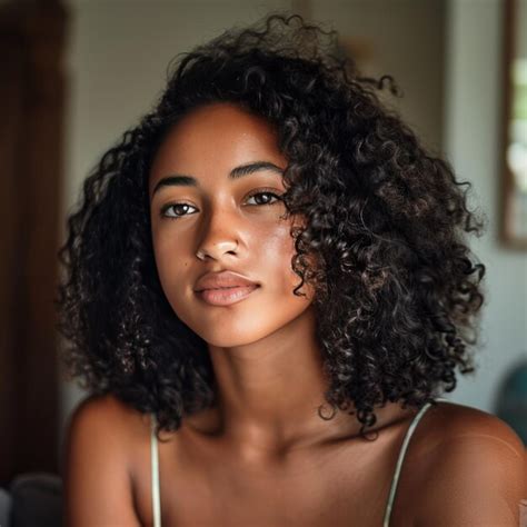Portrait Of A Beautiful Young Black Woman With Curly Hair Looking At
