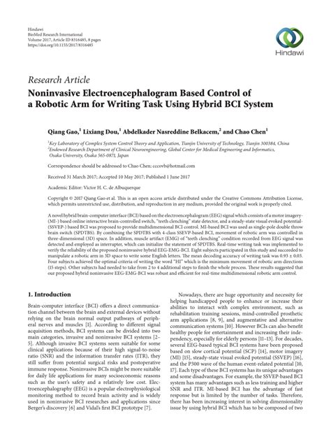 pdf noninvasive electroencephalogram based control of a robotic arm for writing task using