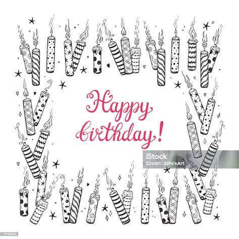 행복 한 생일 인사말 카드 서식 파일입니다 손으로 그려 붓글씨 레터링과 낙서 굽기 꽃무늬 생일 촛불 연기 스퀘어 프레임 벡터 일러스트 레이 션 개체 그룹에 대한 스톡 벡터